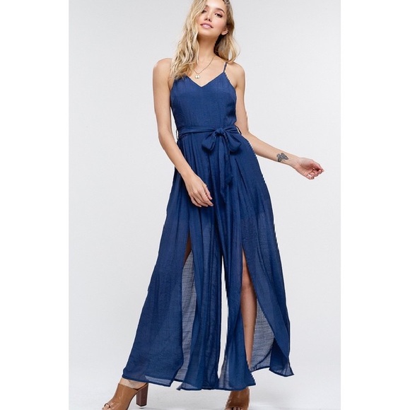 Listicle | Other | Textured Split Leg Jumpsuit Navy | Poshmark